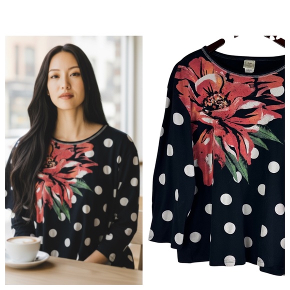Jess & Jane | Tops | Jess Jane Top Shirt Sz X 16 18 Black Floral Polka ...